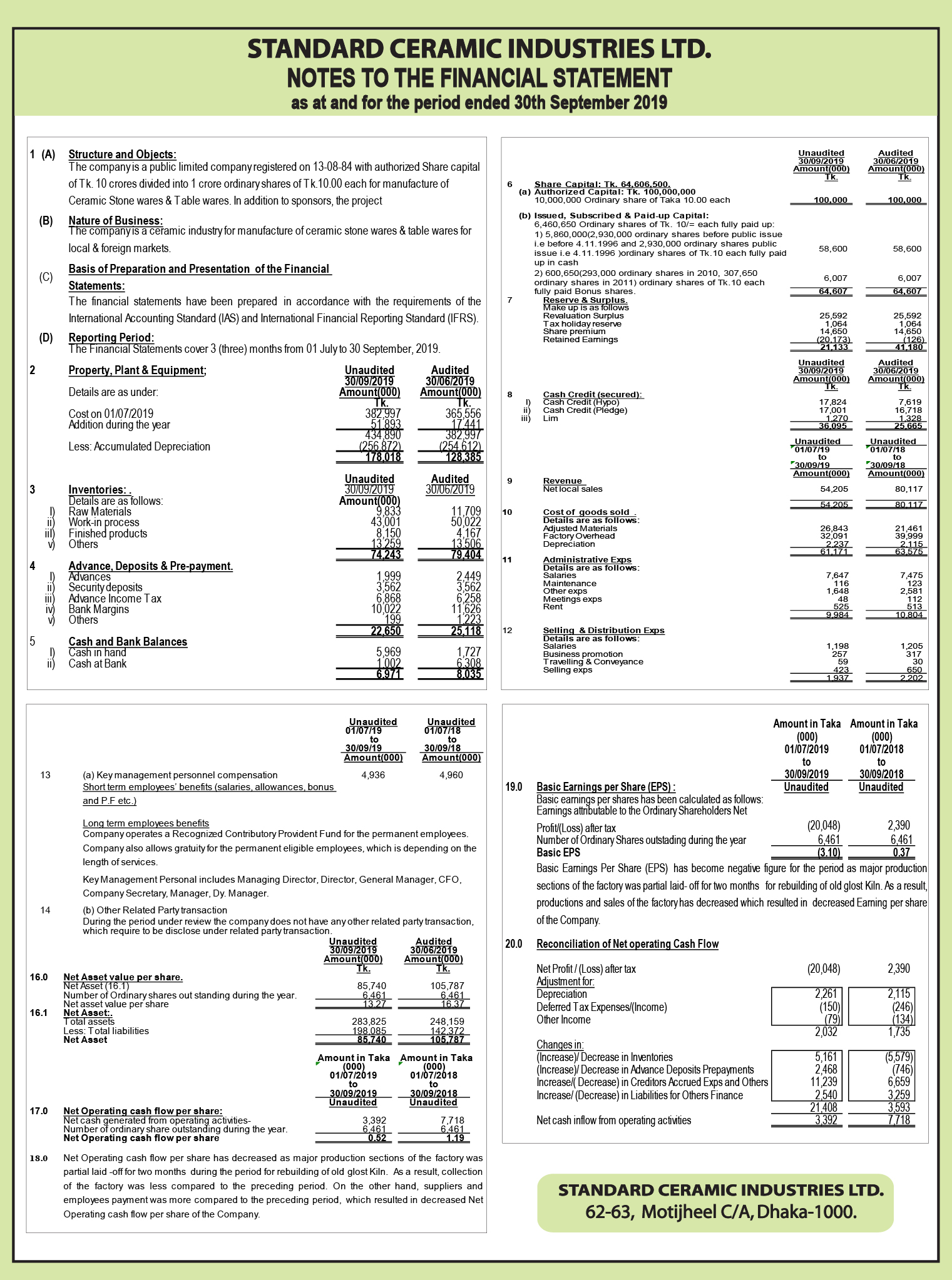 Standard Ceramic Industries Ltd - Financial Performance
